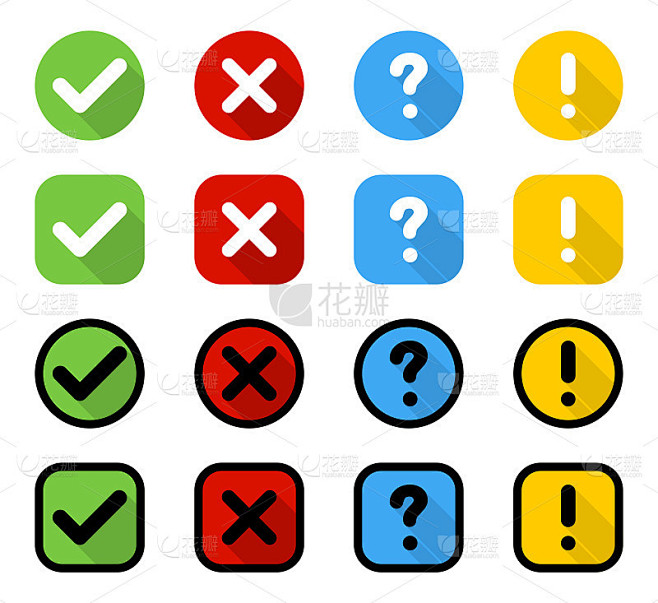 按钮。用疑问号和感叹号打勾，孤立地打叉。标志在平面设计中以圆形和方形的阴影集合。矢量图
