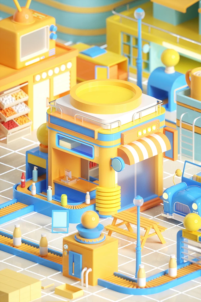 C4D 3D立体城市商店建筑流水线工厂卡通电商场景-花瓣网
