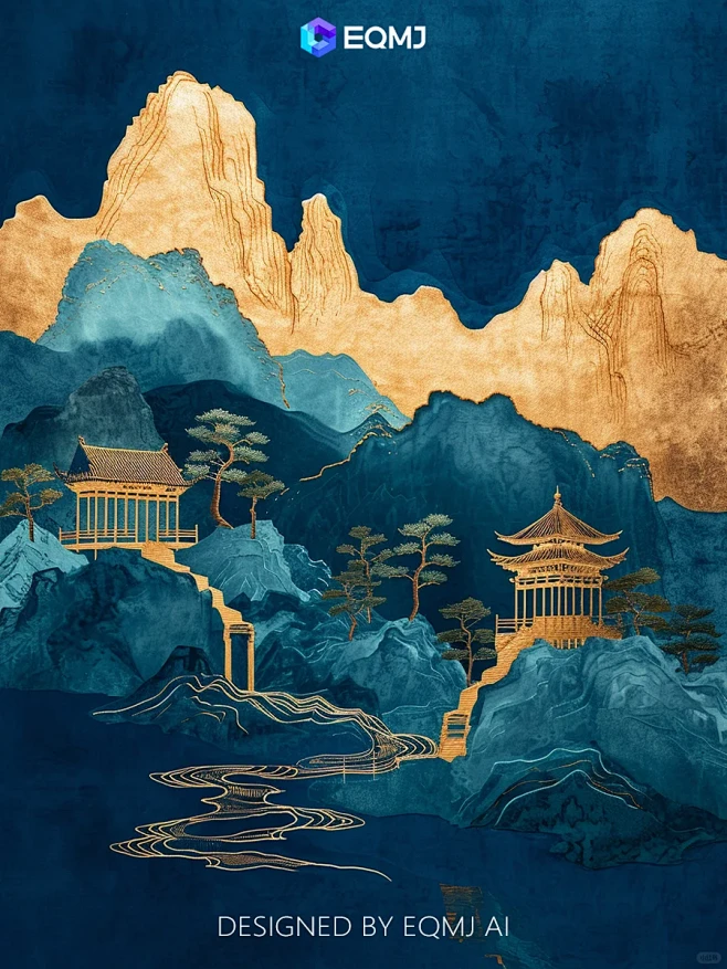 大美国风丨EQMJ AI绘制会发光的蓝金山水画