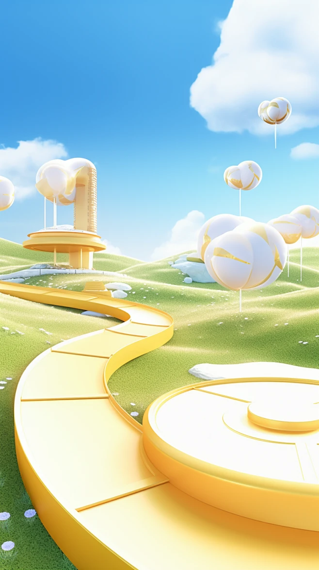 Stage design, s-curve with grass on both sides, cows, blue sky and ...