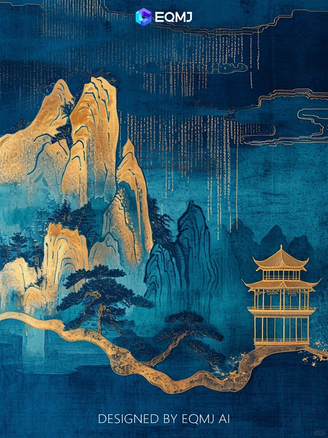 大美国风丨EQMJ AI绘制会发光的蓝金山水画-花瓣网