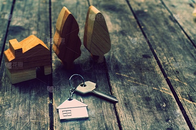 Home key with house keychain and wooden tree and H