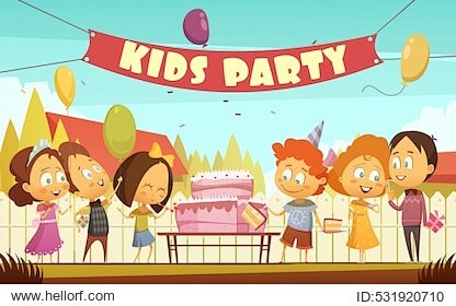 Kids party cartoon background with funny company of boys and girls ...