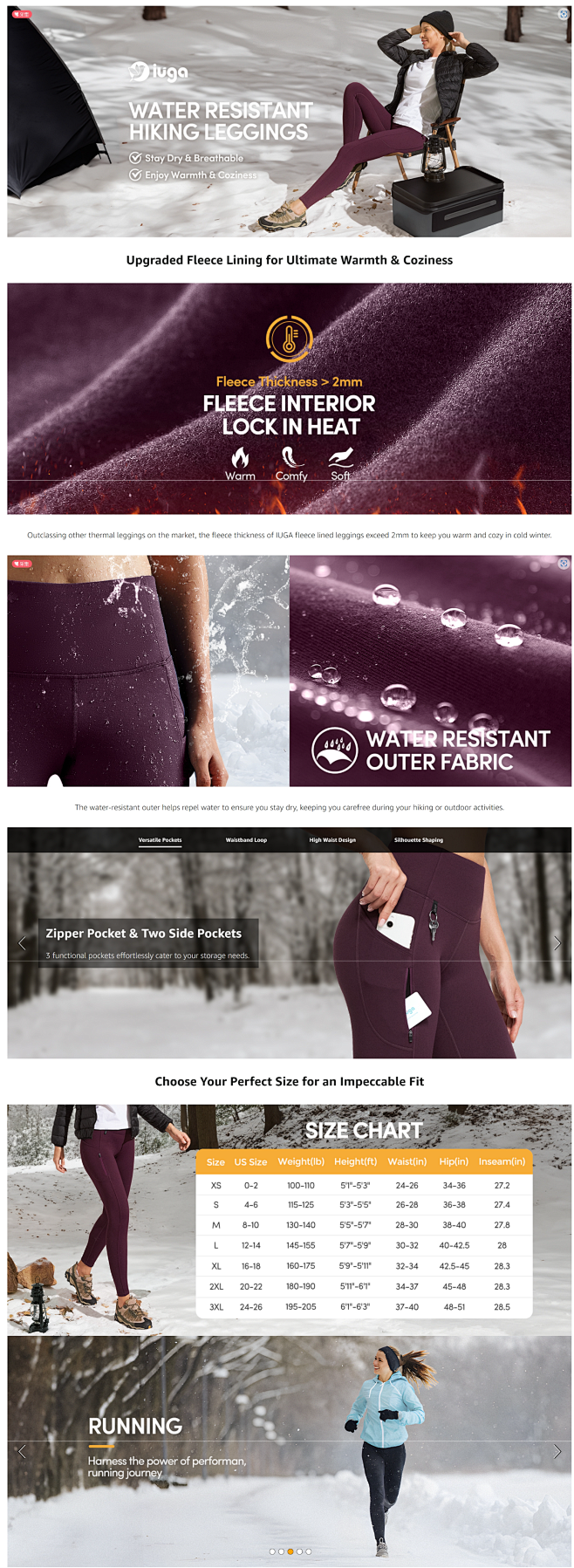 Amazon.com: IUGA Fleece Lined Leggings Women Water Resistant Hiking ...