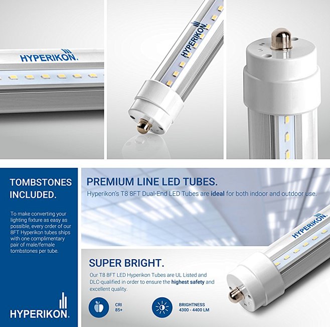 Hyperikon T8/T10/T12 LED Light Tube, 8FT, UL, 36W (75W equivalent), 5000K (Crystal White Glow ...