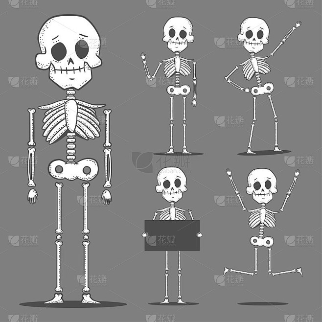 Cute skeletons vector cartoon characters set isola