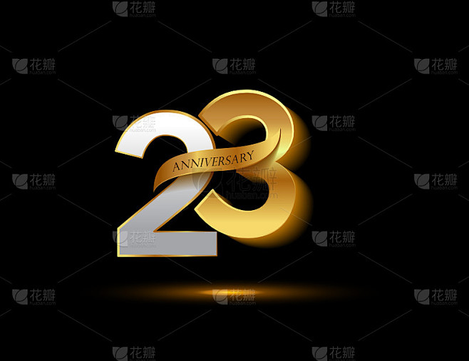 23周年发光标志与丝带金色孤立在黑暗的背景，矢量设计贺卡和邀请卡。