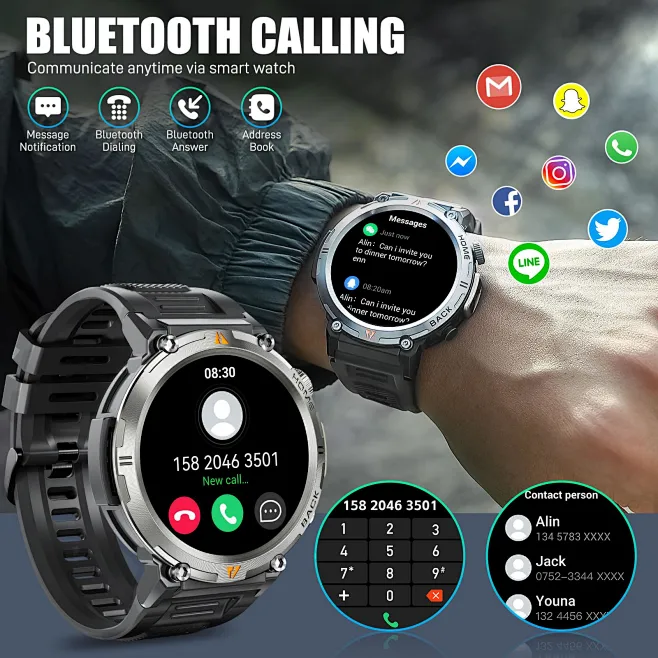 Amazon.com: JELLOO Military Smart Watch for Men with LED Flashlight(Answer/Make Call) 3ATM ...