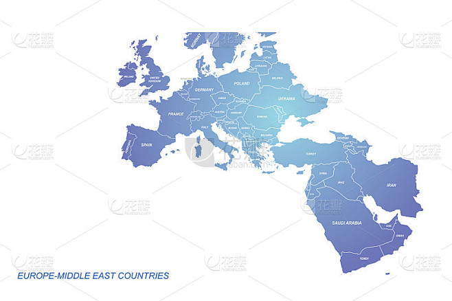 欧洲和中东国家地图。欧洲、阿拉伯矢量地图。