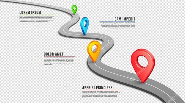 Highway. winding empty road, gps pins and infographic elements. black perspective asphalt way ...