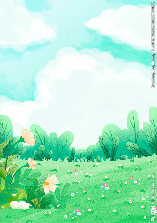 插画背景蓝天白云草地-花瓣网