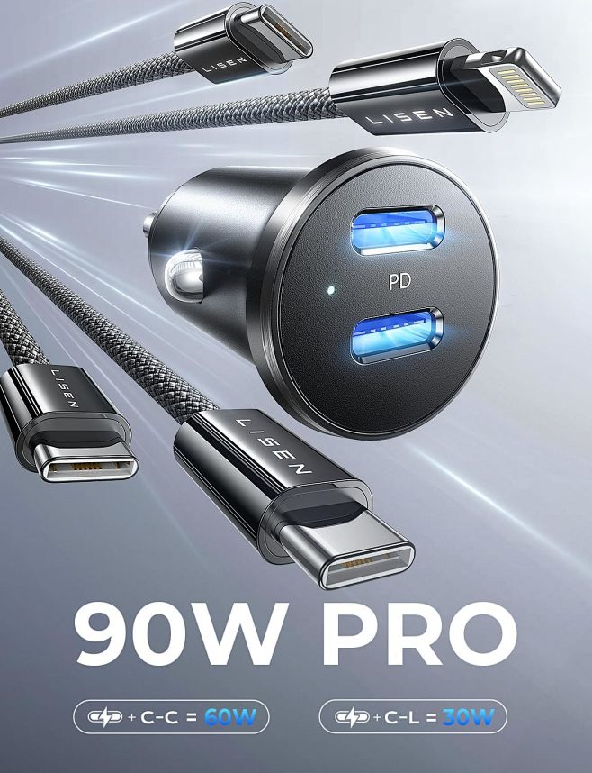 Amazon.com: LISEN 90W USB C Car Charger Fast Charging, Dual USB C Port ...