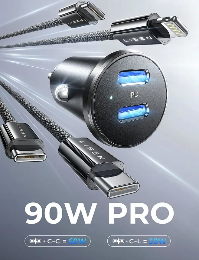 Amazon.com: LISEN 90W USB C Car Charger Fast Charging, Dual USB C Port PD 45W Cigarette Lighter ...