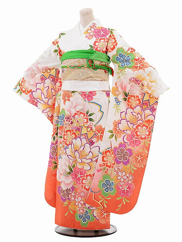 【楽天市場】【レンタル】【成人式 振袖 レンタル】成人式 振袖|成人式振袖レンタル|振袖 化繊|成人式振袖 963 白×オレンジ ぼたん 桜 ...
