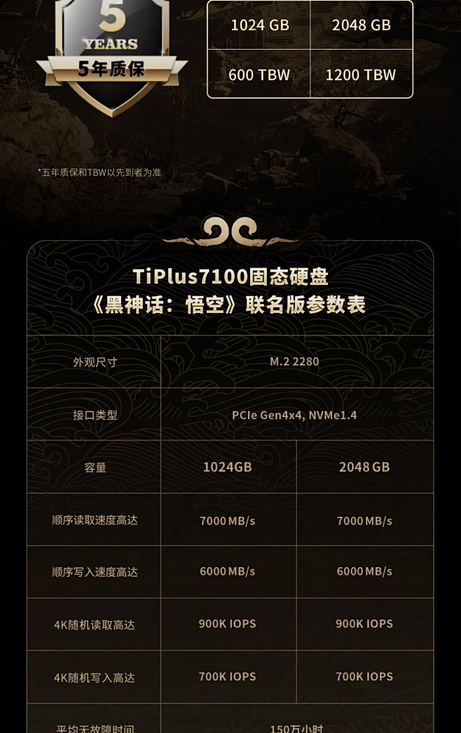 【致态TiPlus7100 1TB《黑神话：悟空》联名版 】致态（ZhiTai）长江存储 1TB SSD固态硬盘 NVMe M.2接口 TiPlus7100《黑神话：悟空》联名版【行情 报价 ...