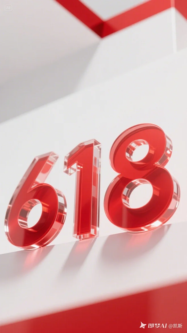 618立体数字玻璃质感，红色，字体样式：苹方（特粗）字体，仰视25°，正面展示-花瓣网