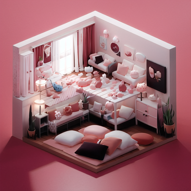 剖面房间卧室厨房3D小房间模型 (21)