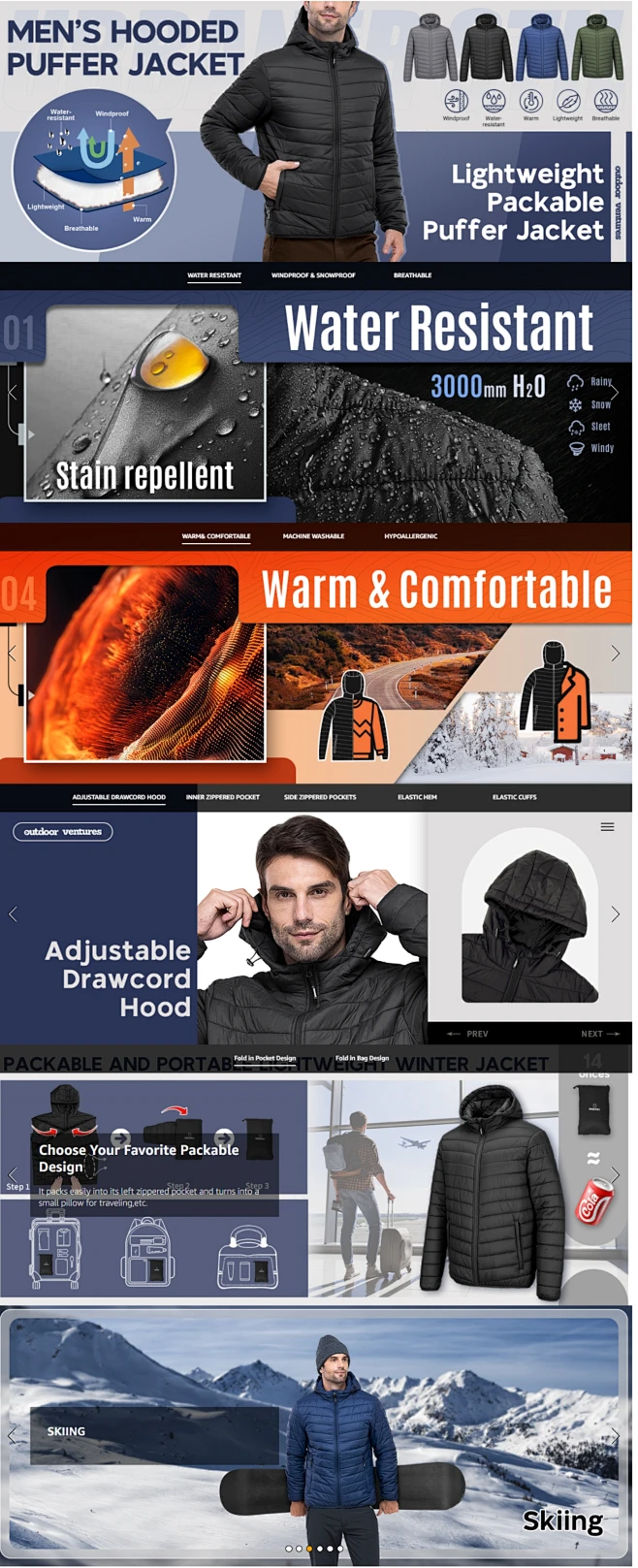 Outdoor Ventures Men's Lightweight Packable Hooded Puffer Jacket ...