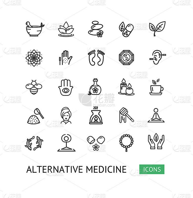 替代医学标志细线图标集。向量