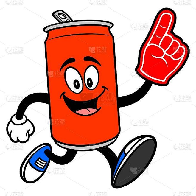 Soda Can Mascot running with a Foam Finger