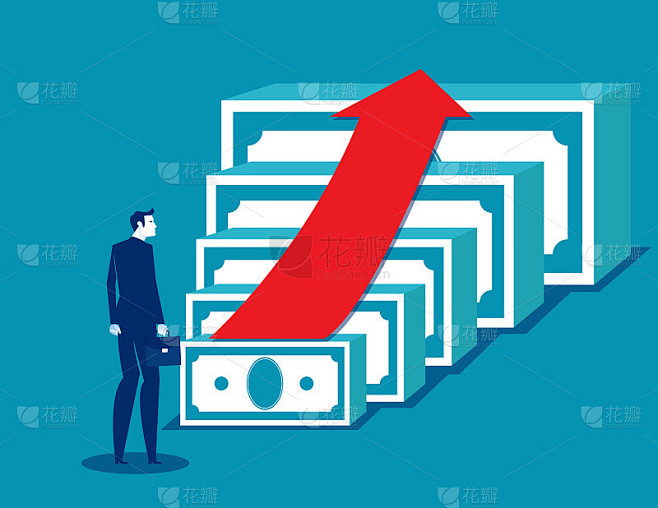 商人着装站在钞票图表上，红色箭头向上。增加的收入