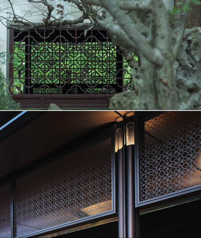 佛山保利灯湖天珺 装饰穿孔板：廊架空间挂落一层香槟金穿孔铝板，纹样采用岭南园林中特有的花窗棱图案，不仅带来了岭南园林空间中层叠的意蕴，也丰富了会所空间内的视觉层次。