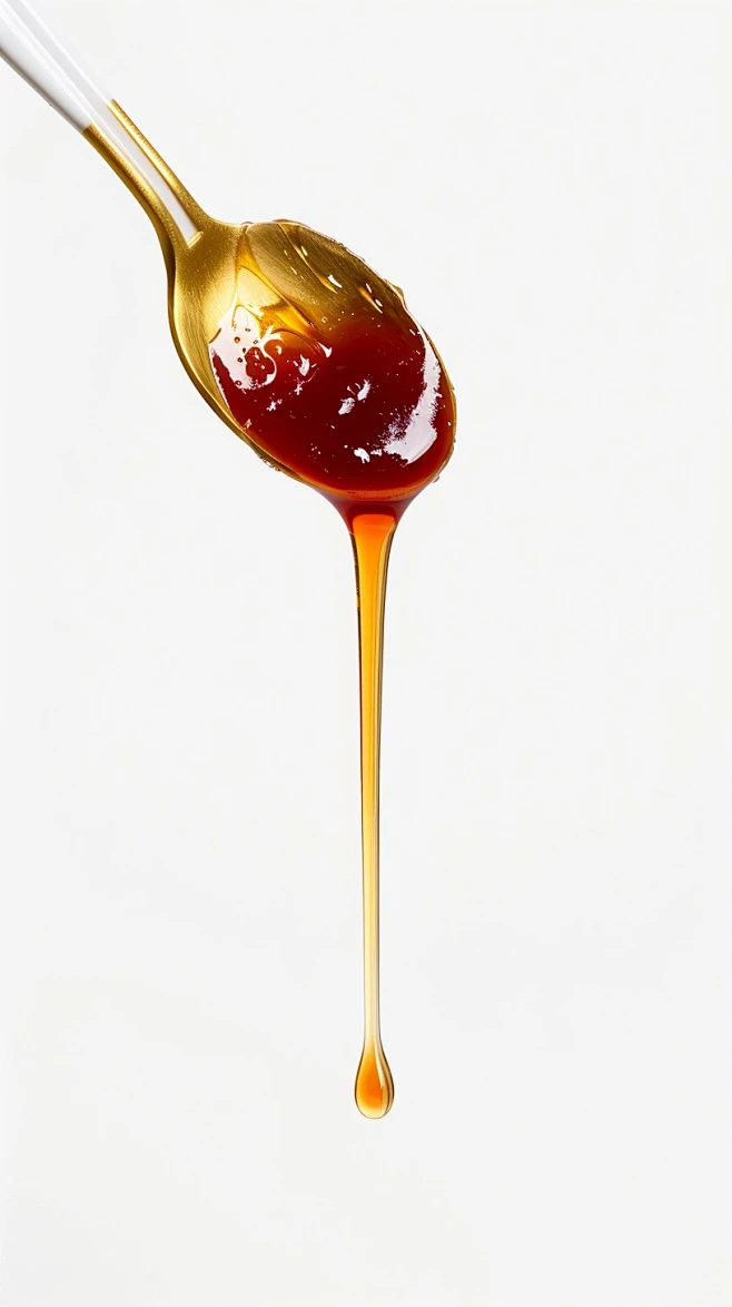 Red jam dripping from a golden spoon, on a white background, studio ...