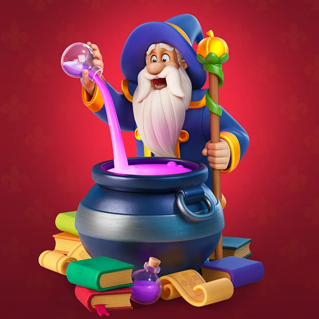 The Wizard creating a potion in a cauldron, surrounded by magical books ...
