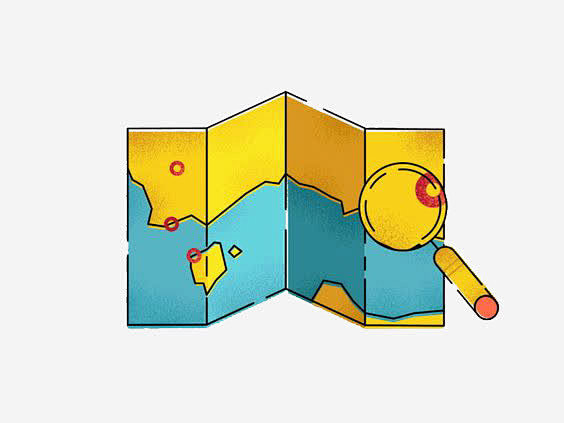 卡通地图免抠素材_新图网 https://ixintu.com 创意地图 地图免扣PNG 地图插画 手绘地图 放大镜 黄色地图