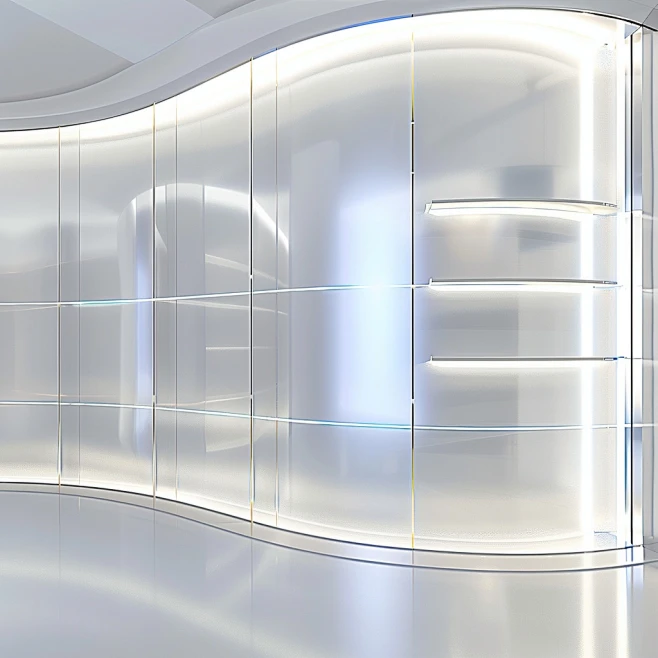 White glass curtain wall, white background, curved wall, light ...