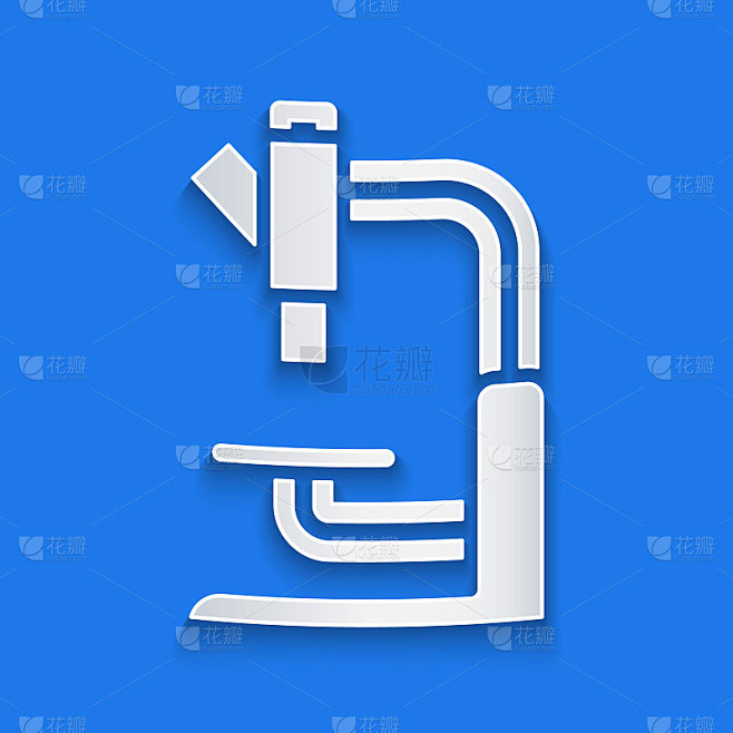 剪纸显微镜图标隔离在蓝色背景。化工、制药仪器、微生物放大工具。纸艺术风格。向量