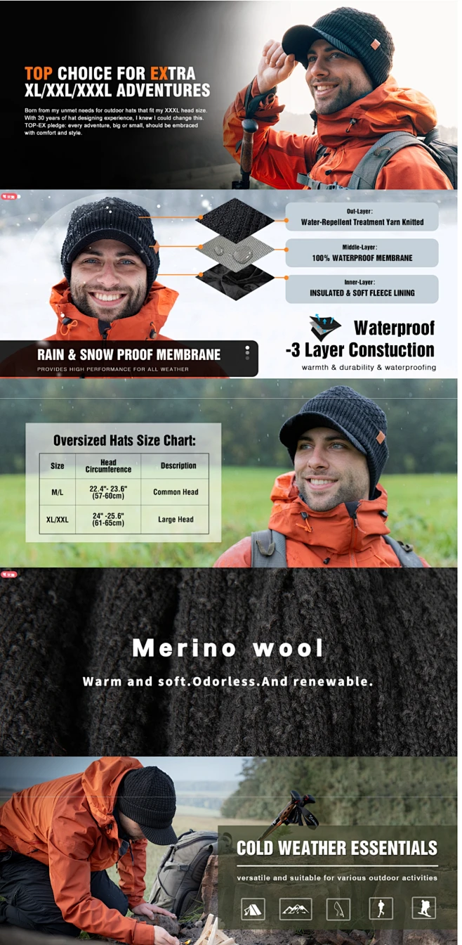 TOP-EX Waterproof Visor Beanie Hat for Men Winter Knit Skull Stocking ...