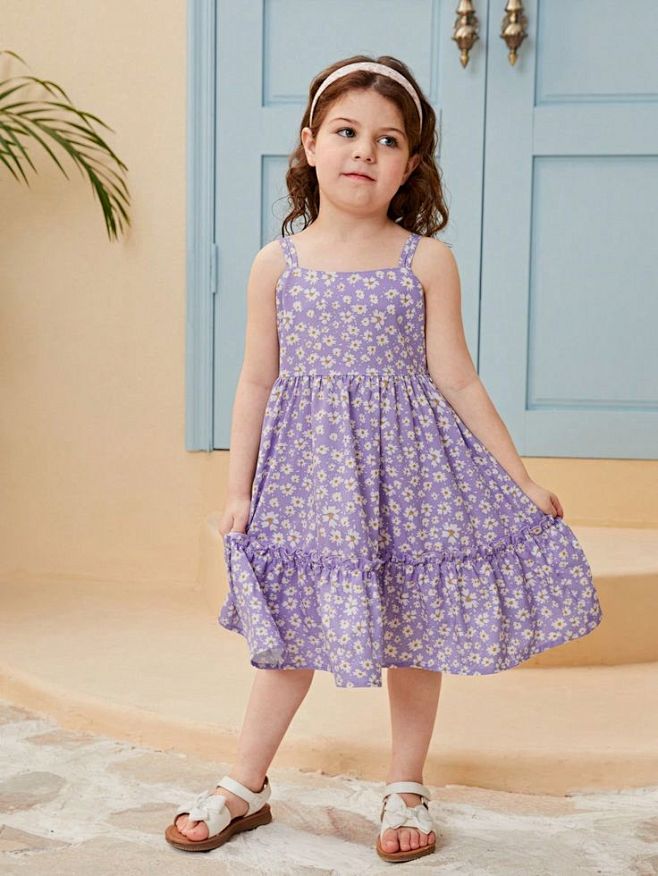 Toddler Girls Ditsy Floral Print Ruffle Hem Cami Dress