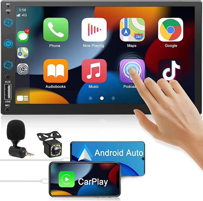 Amazon.com: Double Din 车载立体声收音机语音控制 Apple Carplay & Android Auto,7 英寸高清 LCD 触摸屏蓝牙 5.2,带镜像链接的 MP5 ...