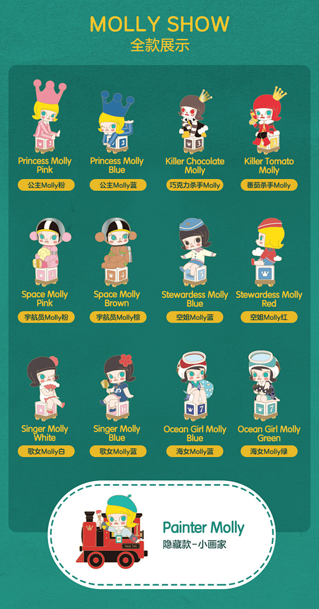 POPMART泡泡玛特 MOLLY开心火车大派对徽章盲盒胸针包包挂饰摆件-tmall.com天猫