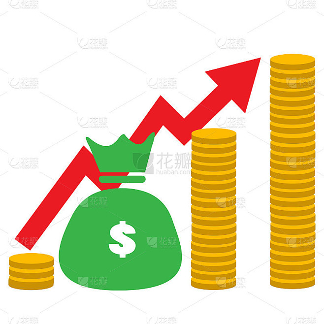金钱增加图标上的白色背景。收入增加的迹象。平的风格。企业增长利润标志。财务战略的象征。