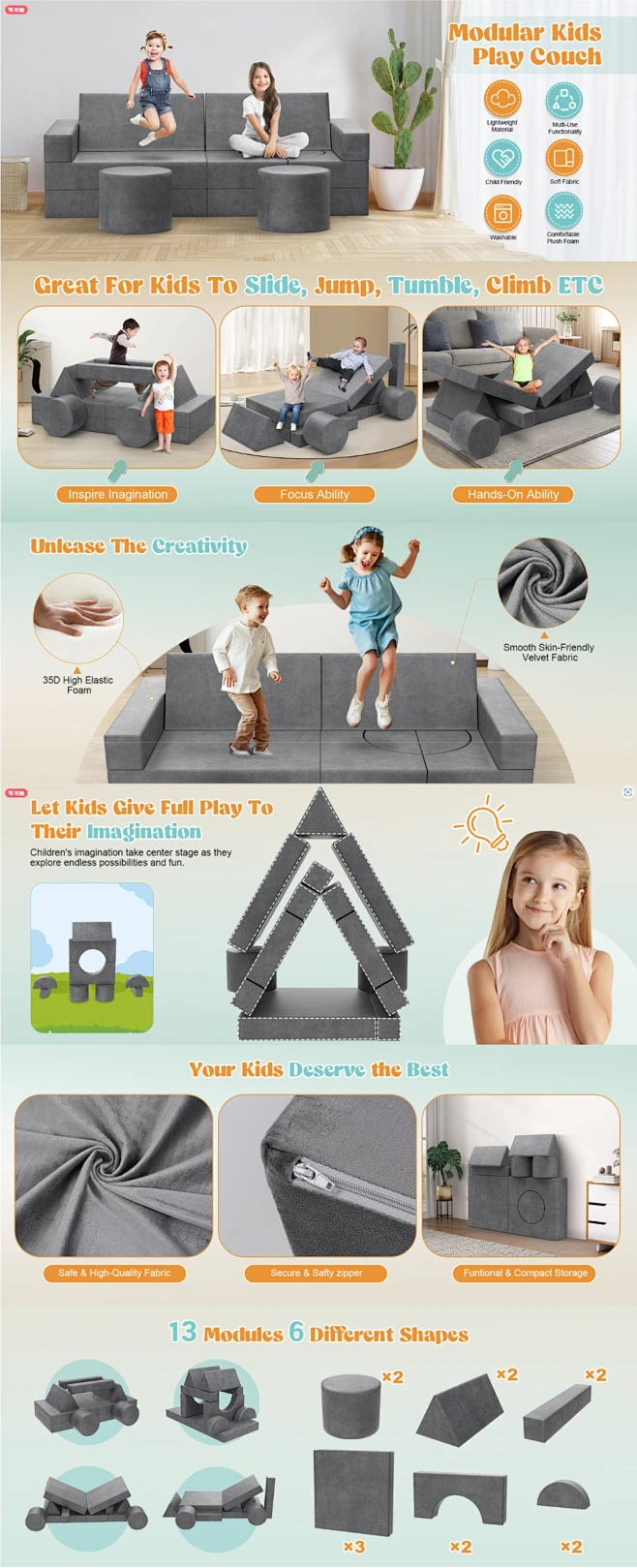 Amazon.com: ITEFDTUTNE 13pcs Modular Kids Play Couch, 1000+ DIY Creativing Kids Couch Building ...