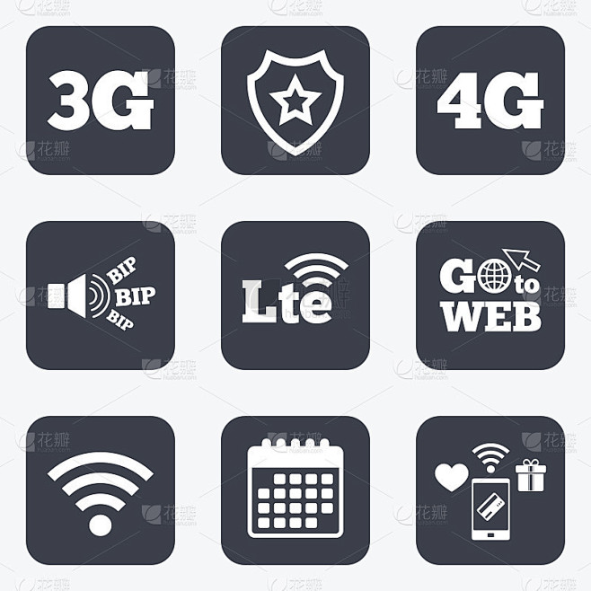 移动电信图标。3G, 4G和LTE。