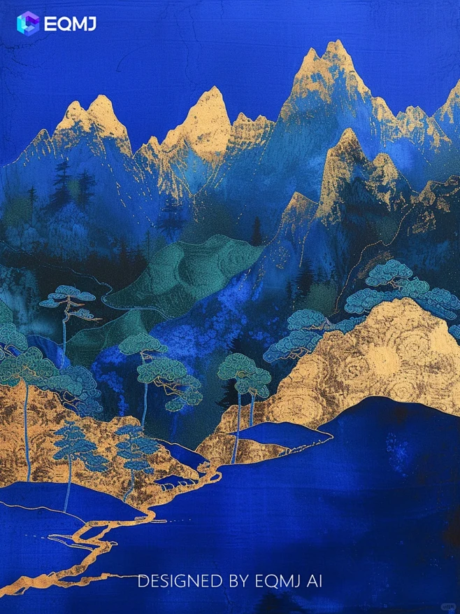 大美国风丨EQMJ AI绘制鎏金克莱因蓝山水画