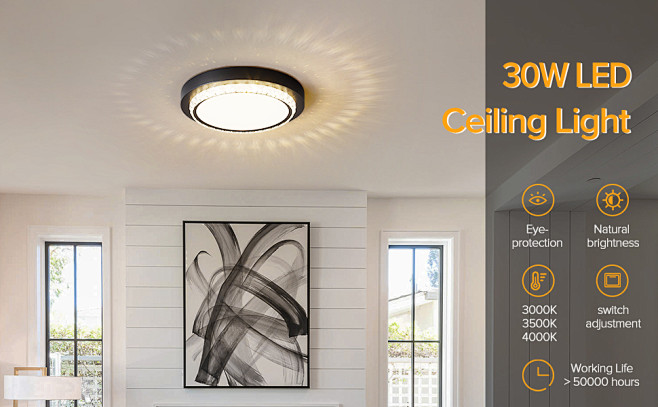 42W LED Flush Mount Ceiling Light, Linour 19 inch Matte Black Crystal ...