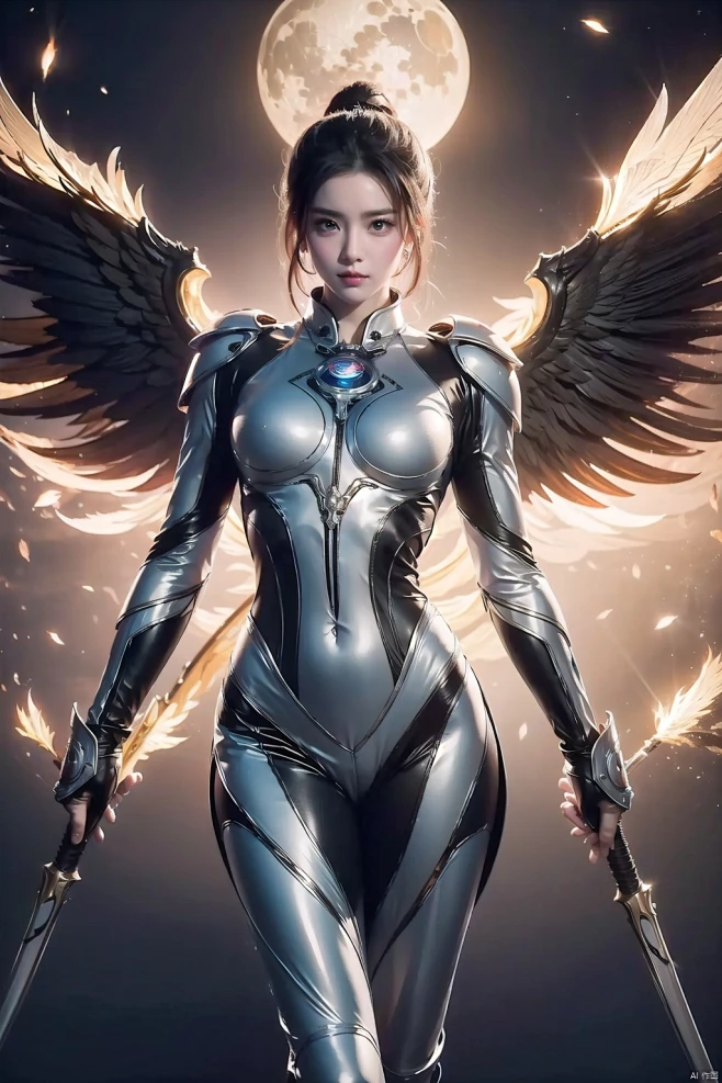 jiqing,1girl,medium breasts,weapon,wings,holding weapon,lips,bodysuit,covered navel,skin tight ...