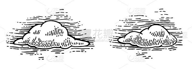 云的集合形式。矢量颜色和黑色手绘复古版画