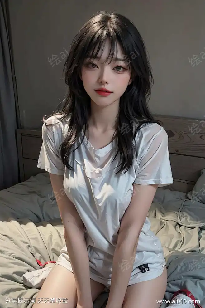 坐在床上的美女_提示词查看_Stable Diffusion_ai绘图工具关键词描述词咒语_1024X1536像素-室内,腮红,美女-提示词 ...