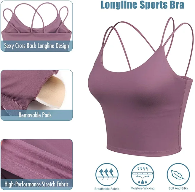 Longline Strappy Crop Top for Women Padded Cami Sports Bra Wirefree ...