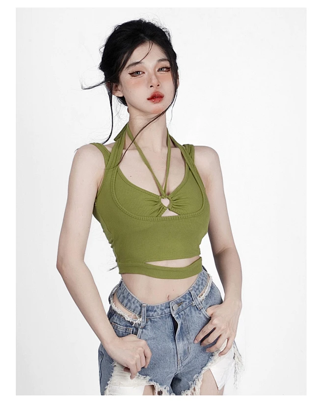 少也眼角色练习 显白绿色小众设计ins穿搭绑带挂脖吊带上衣2022-tmall.com天猫-花瓣网
