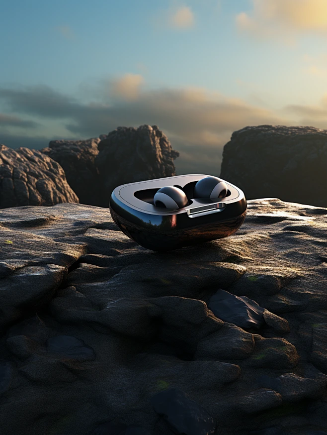 tian_ming00_A_black_smart_Airpodspro_sat_on_a_rock_with_realist ...