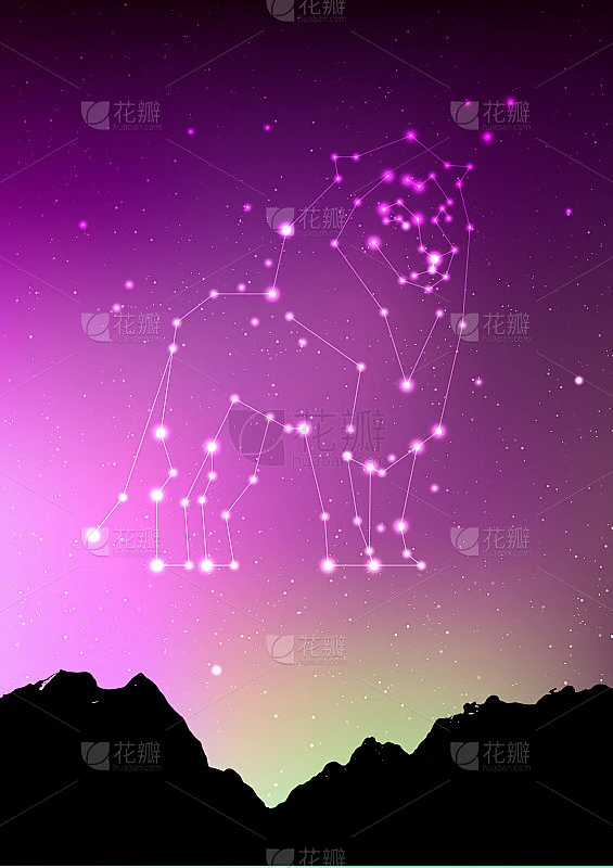 狮子座星座与森林景观剪影在美丽的星空与银河和后面的空间。狮子座星座的象征星座在深宇宙背景。名片设计素材-花瓣网