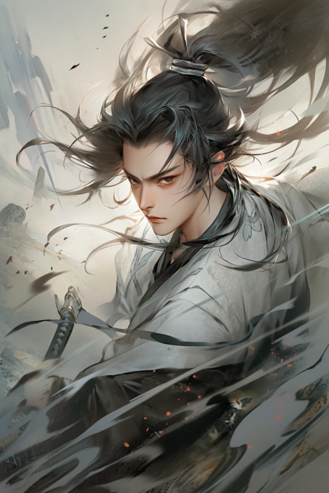 古风少年水墨武侠剑客插画-花瓣网