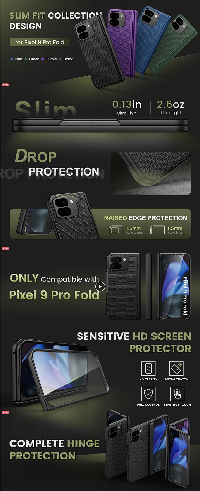 Amazon.com: SIXBOX for Google Pixel 9 Pro Fold Case with Screen Protector & Hinge Protection ...