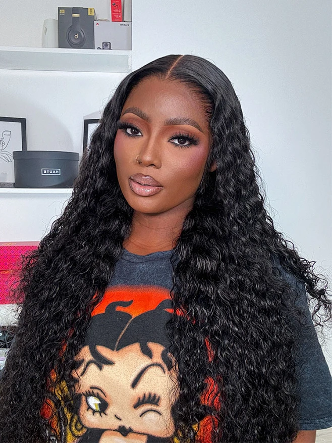 Deep Parting 13x6 HD Lace Front Human Hair Water Wave Natural Black and ...